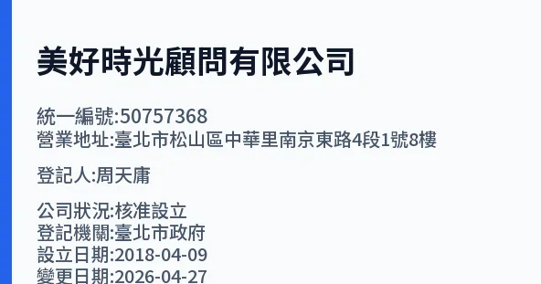 美好時光顧問有限公司的照片-統編 50757368(臺北市) 公司登記資料與營業項目詳細圖表