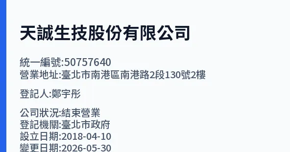 天誠生技股份有限公司的照片-統編 50757640(臺北市) 公司登記資料與營業項目詳細圖表