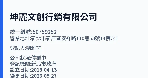 坤麗文創行銷有限公司的照片-統編 50759252(新北市) 公司登記資料與營業項目詳細圖表