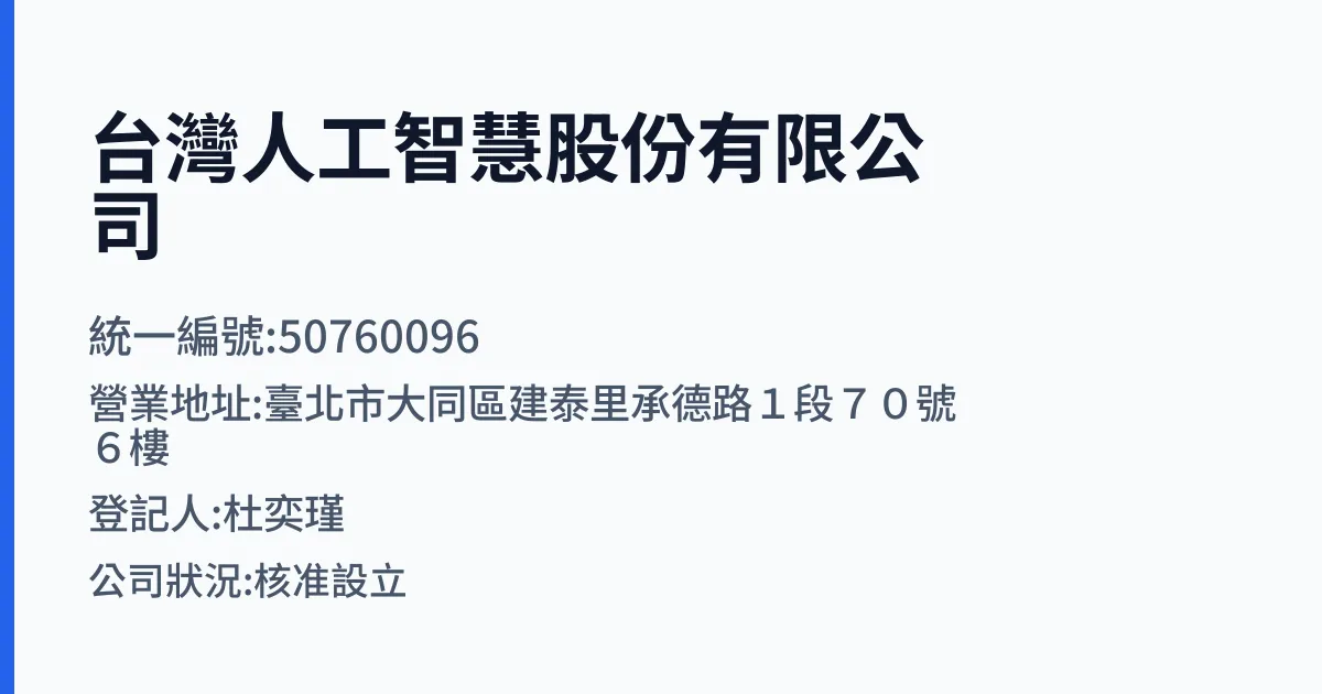台灣人工智慧股份有限公司 - 統編 50760096(臺北市) 公司登記資料與營業項目詳細圖表