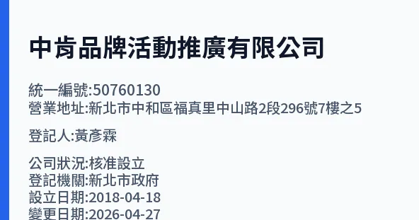 中肯品牌活動推廣有限公司的照片-統編 50760130(新北市) 公司登記資料與營業項目詳細圖表