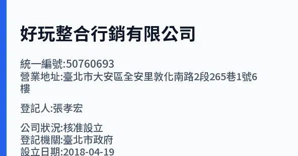 好玩整合行銷有限公司的照片-統編 50760693(臺北市) 公司登記資料與營業項目詳細圖表