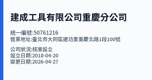 建成工具有限公司重慶分公司的照片-統編 50761216(臺北市) 公司登記資料與營業項目詳細圖表