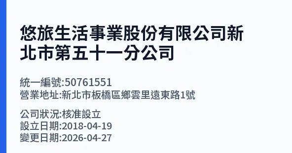 悠旅生活事業股份有限公司新北市第五十一分公司的照片-統編 50761551(新北市) 公司登記資料與營業項目詳細圖表