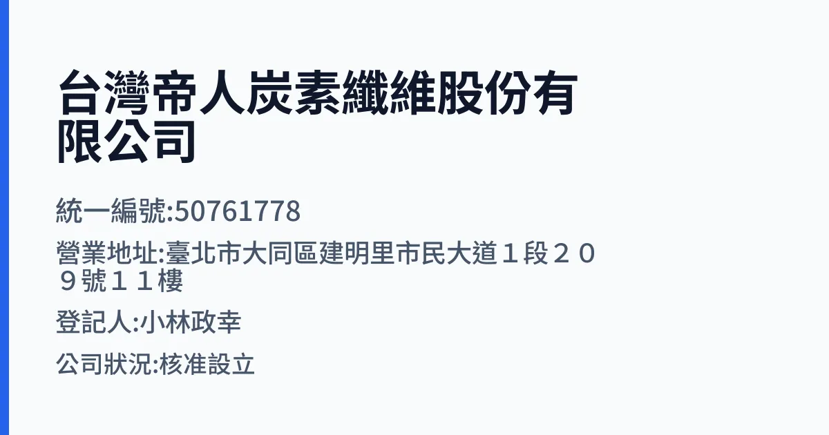 台灣帝人炭素纖維股份有限公司 - 統編 50761778(臺北市) 公司登記資料與營業項目詳細圖表