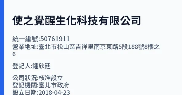 使之覺醒生化科技有限公司的照片-統編 50761911(臺北市) 公司登記資料與營業項目詳細圖表