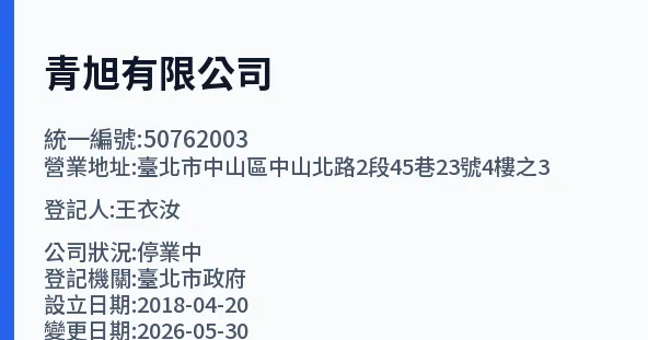 青旭有限公司的照片-統編 50762003(臺北市) 公司登記資料與營業項目詳細圖表