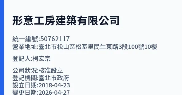 形意工房建築有限公司的照片-統編 50762117(臺北市) 公司登記資料與營業項目詳細圖表