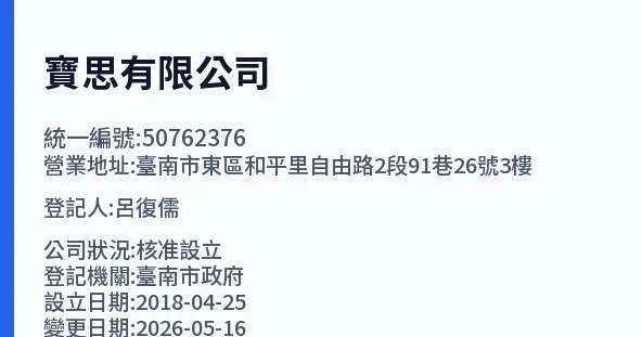 寶思有限公司的照片-統編 50762376(臺南市) 公司登記資料與營業項目詳細圖表