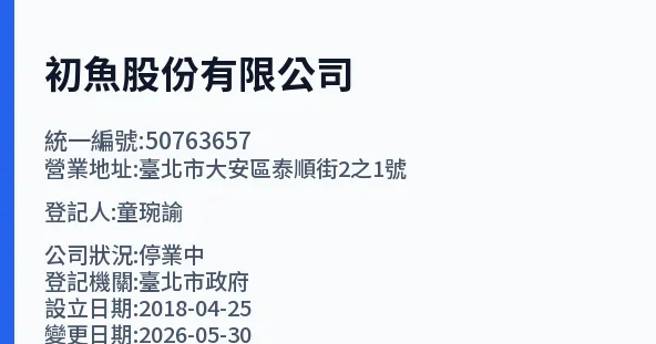 初魚股份有限公司的照片-統編 50763657(臺北市) 公司登記資料與營業項目詳細圖表