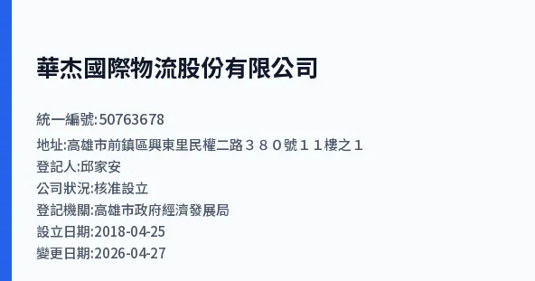 華杰國際物流股份有限公司的照片-統編 50763678(高雄市) 公司登記資料與營業項目詳細圖表