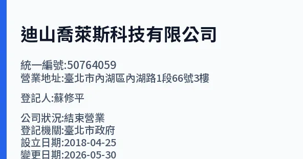 迪山喬萊斯科技有限公司的照片-統編 50764059(臺北市) 公司登記資料與營業項目詳細圖表