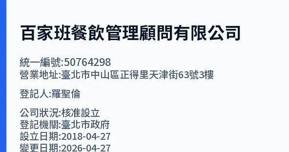 百家班餐飲管理顧問有限公司的照片-統編 50764298(臺北市) 公司登記資料與營業項目詳細圖表