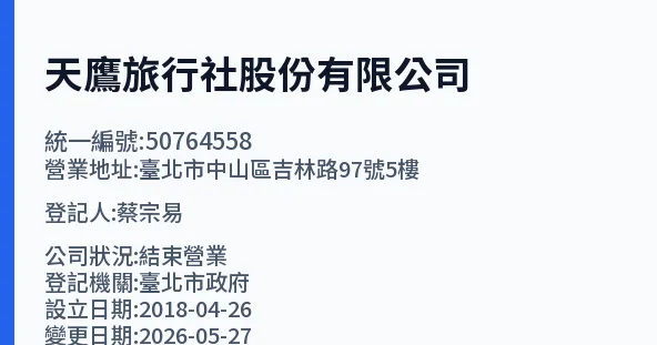 天鷹旅行社股份有限公司的照片-統編 50764558(臺北市) 公司登記資料與營業項目詳細圖表