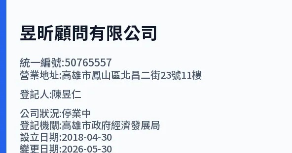 昱昕顧問有限公司的照片-統編 50765557(高雄市) 公司登記資料與營業項目詳細圖表