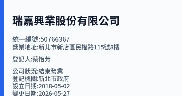 瑞嘉興業股份有限公司的照片-統編 50766367(新北市) 公司登記資料與營業項目詳細圖表