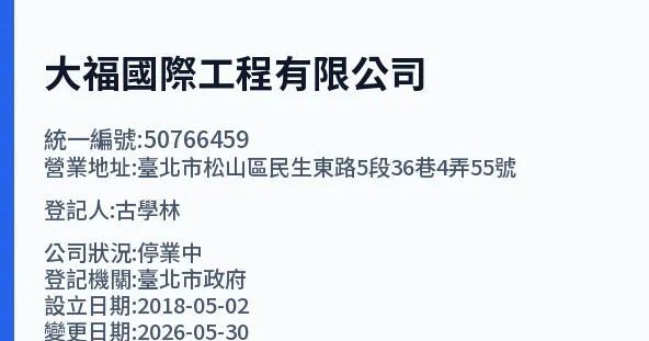大福國際工程有限公司的照片-統編 50766459(臺北市) 公司登記資料與營業項目詳細圖表