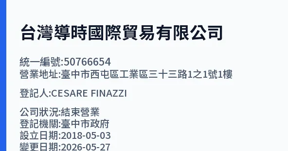 台灣導時國際貿易有限公司的照片-統編 50766654(臺中市) 公司登記資料與營業項目詳細圖表