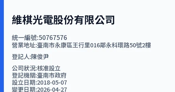 維棋光電股份有限公司的照片-統編 50767576(臺南市) 公司登記資料與營業項目詳細圖表