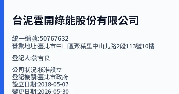 台泥雲開綠能股份有限公司的照片-統編 50767632(臺北市) 公司登記資料與營業項目詳細圖表