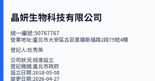 晶妍生物科技有限公司的照片-統編 50767767(臺北市) 公司登記資料與營業項目詳細圖表