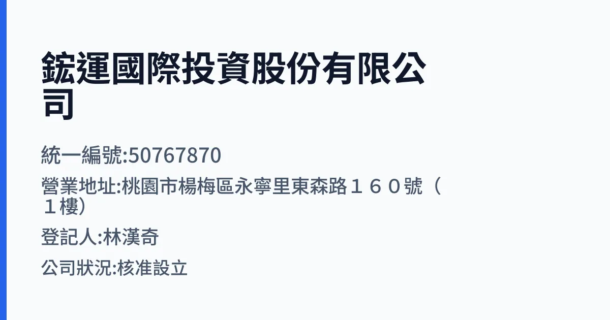 鋐運國際投資股份有限公司 - 統編 50767870(桃園市) 公司登記資料與營業項目詳細圖表