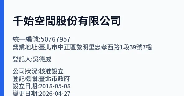 千始空間股份有限公司的照片-統編 50767957(臺北市) 公司登記資料與營業項目詳細圖表