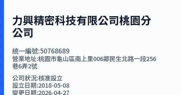 力興精密科技有限公司桃園分公司的照片-統編 50768689(桃園市) 公司登記資料與營業項目詳細圖表