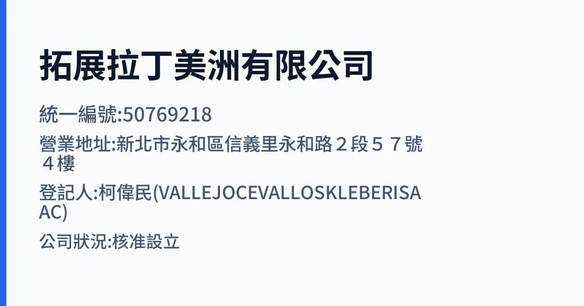 拓展拉丁美洲有限公司 - 統編 50769218(新北市) 公司登記資料與營業項目詳細圖表