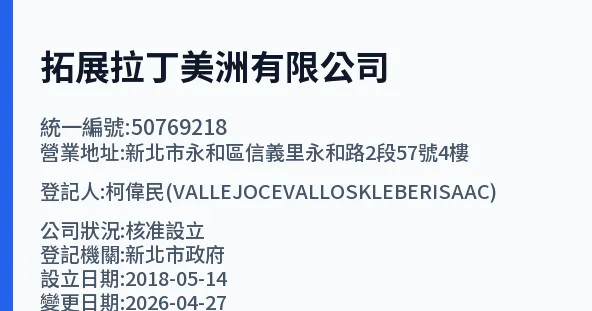 拓展拉丁美洲有限公司的照片-統編 50769218(新北市) 公司登記資料與營業項目詳細圖表