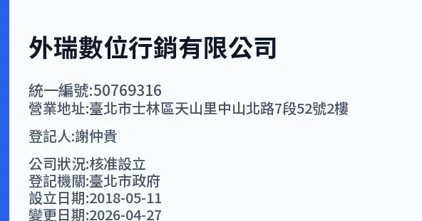外瑞數位行銷有限公司的照片-統編 50769316(臺北市) 公司登記資料與營業項目詳細圖表