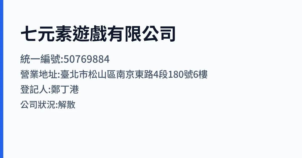 七元素遊戲有限公司 - 統編 50769884(臺北市) 公司登記資料與營業項目詳細圖表