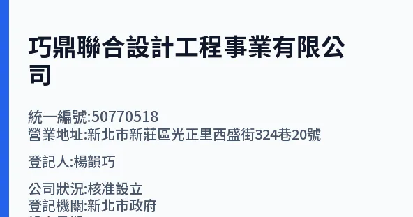 巧鼎聯合設計工程事業有限公司的照片-統編 50770518(新北市) 公司登記資料與營業項目詳細圖表