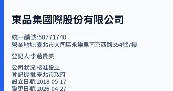 東品集國際股份有限公司的照片-統編 50771740(臺北市) 公司登記資料與營業項目詳細圖表