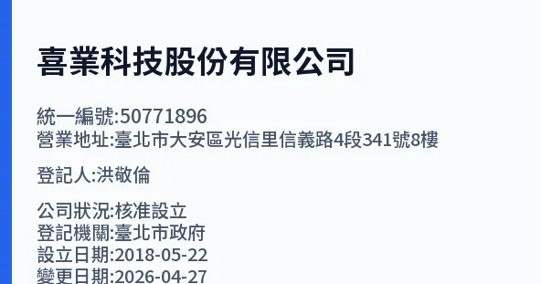 喜業科技股份有限公司的照片-統編 50771896(臺北市) 公司登記資料與營業項目詳細圖表