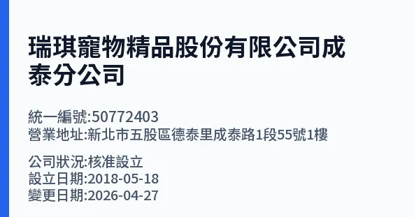 瑞琪寵物精品股份有限公司成泰分公司的照片-統編 50772403(新北市) 公司登記資料與營業項目詳細圖表