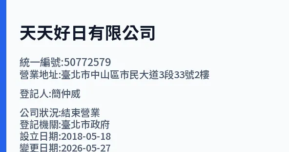天天好日有限公司的照片-統編 50772579(臺北市) 公司登記資料與營業項目詳細圖表