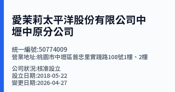 愛茉莉太平洋股份有限公司中壢中原分公司的照片-統編 50774009(桃園市) 公司登記資料與營業項目詳細圖表