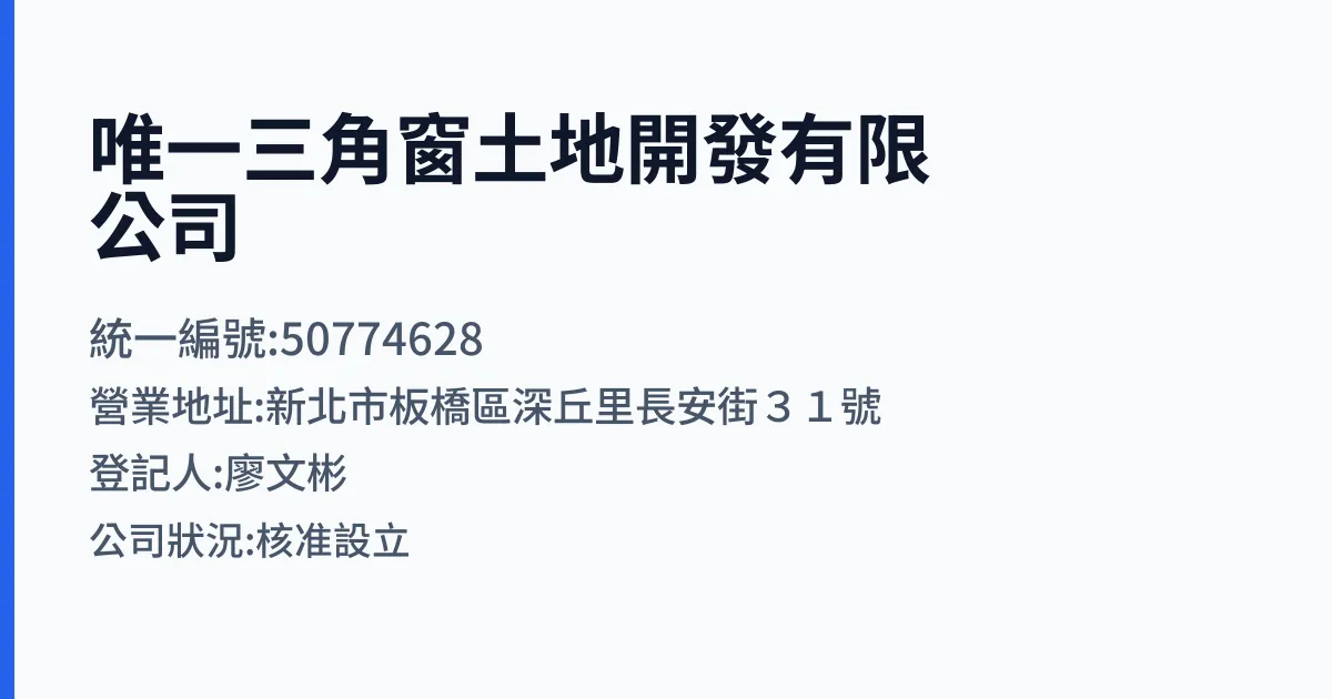 唯一三角窗土地開發有限公司 - 統編 50774628(新北市) 公司登記資料與營業項目詳細圖表