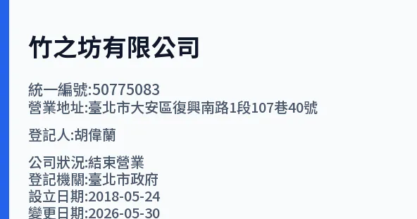 竹之坊有限公司的照片-統編 50775083(臺北市) 公司登記資料與營業項目詳細圖表