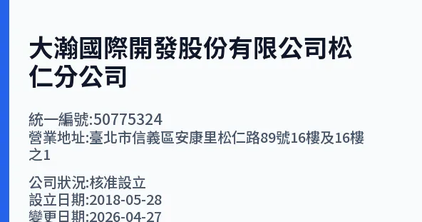 大瀚國際開發股份有限公司松仁分公司的照片-統編 50775324(臺北市) 公司登記資料與營業項目詳細圖表