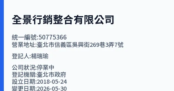全景行銷整合有限公司的照片-統編 50775366(臺北市) 公司登記資料與營業項目詳細圖表