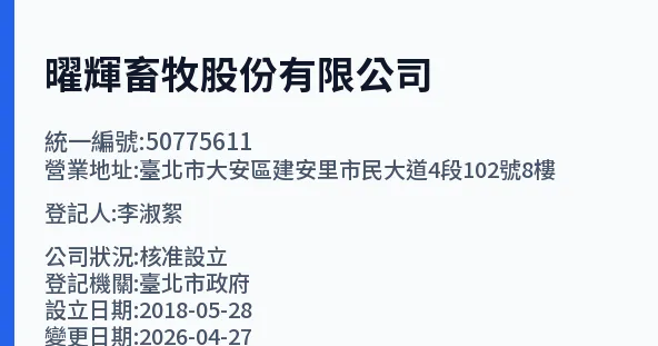 曜輝畜牧股份有限公司的照片-統編 50775611(臺北市) 公司登記資料與營業項目詳細圖表