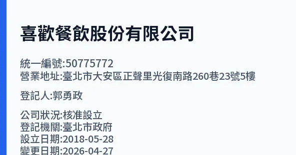 喜歡餐飲股份有限公司的照片-統編 50775772(臺北市) 公司登記資料與營業項目詳細圖表