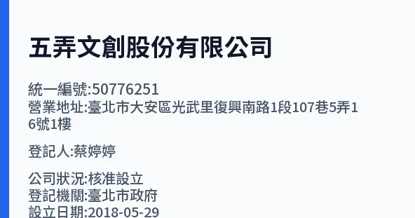 五弄文創股份有限公司的照片-統編 50776251(臺北市) 公司登記資料與營業項目詳細圖表