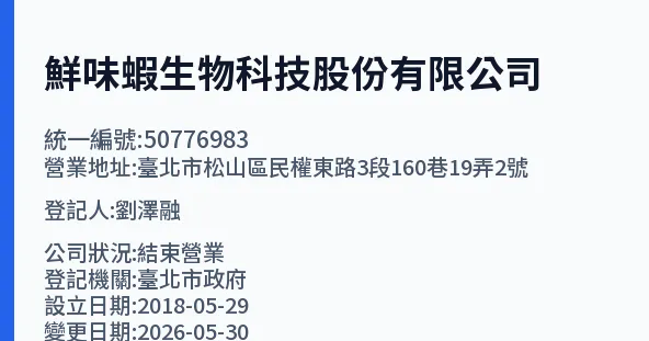 鮮味蝦生物科技股份有限公司的照片-統編 50776983(臺北市) 公司登記資料與營業項目詳細圖表