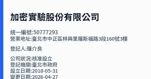 加密實驗股份有限公司的照片-統編 50777293(臺北市) 公司登記資料與營業項目詳細圖表