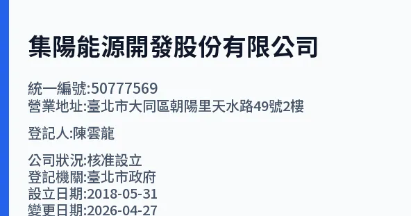 集陽能源開發股份有限公司的照片-統編 50777569(臺北市) 公司登記資料與營業項目詳細圖表