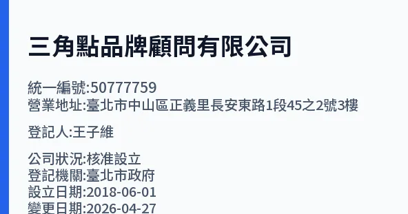 三角點品牌顧問有限公司的照片-統編 50777759(臺北市) 公司登記資料與營業項目詳細圖表