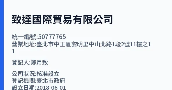 致達國際貿易有限公司的照片-統編 50777765(臺北市) 公司登記資料與營業項目詳細圖表